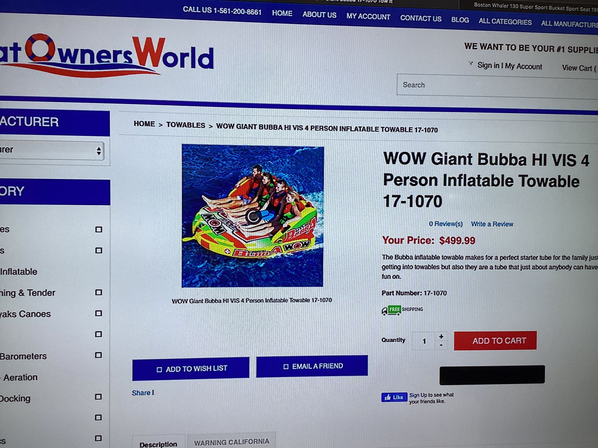 WOW GIANT BUBBA HI VIS 4 Person Inflatable Towable 17-1070 Water Sports ...