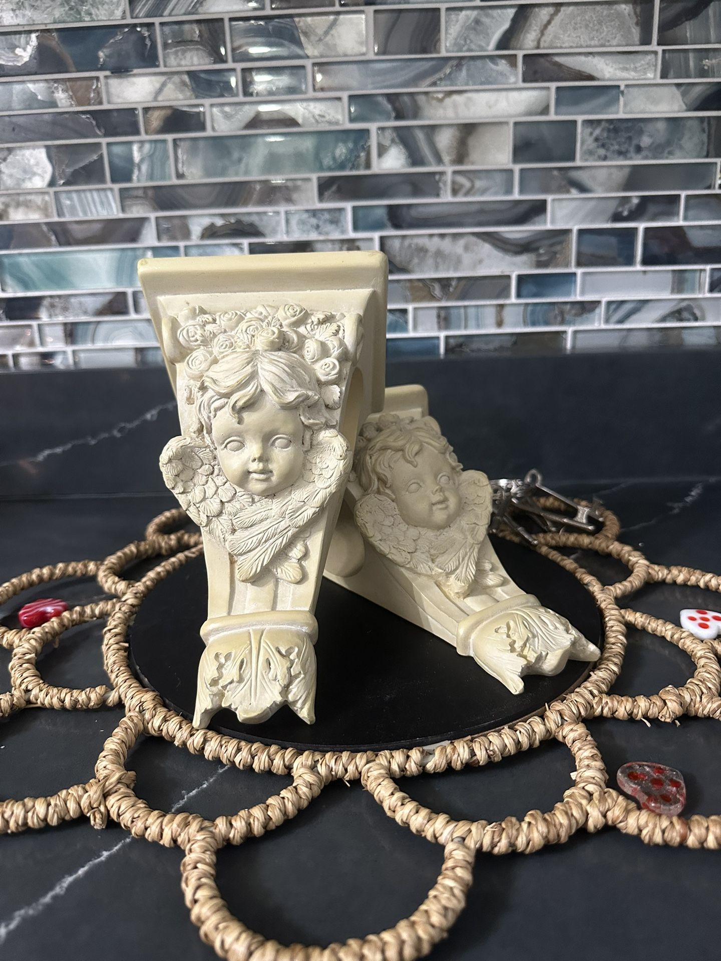 Corbel Curtain Rod Holders Angel Cherub Wings Scrollwork Resin Set of 2 ...