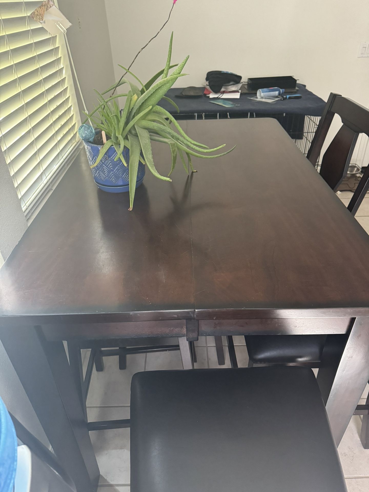 Hardwood Dark Dinner Table With Leaf - 4 Chairs And One Bench Seat for ...