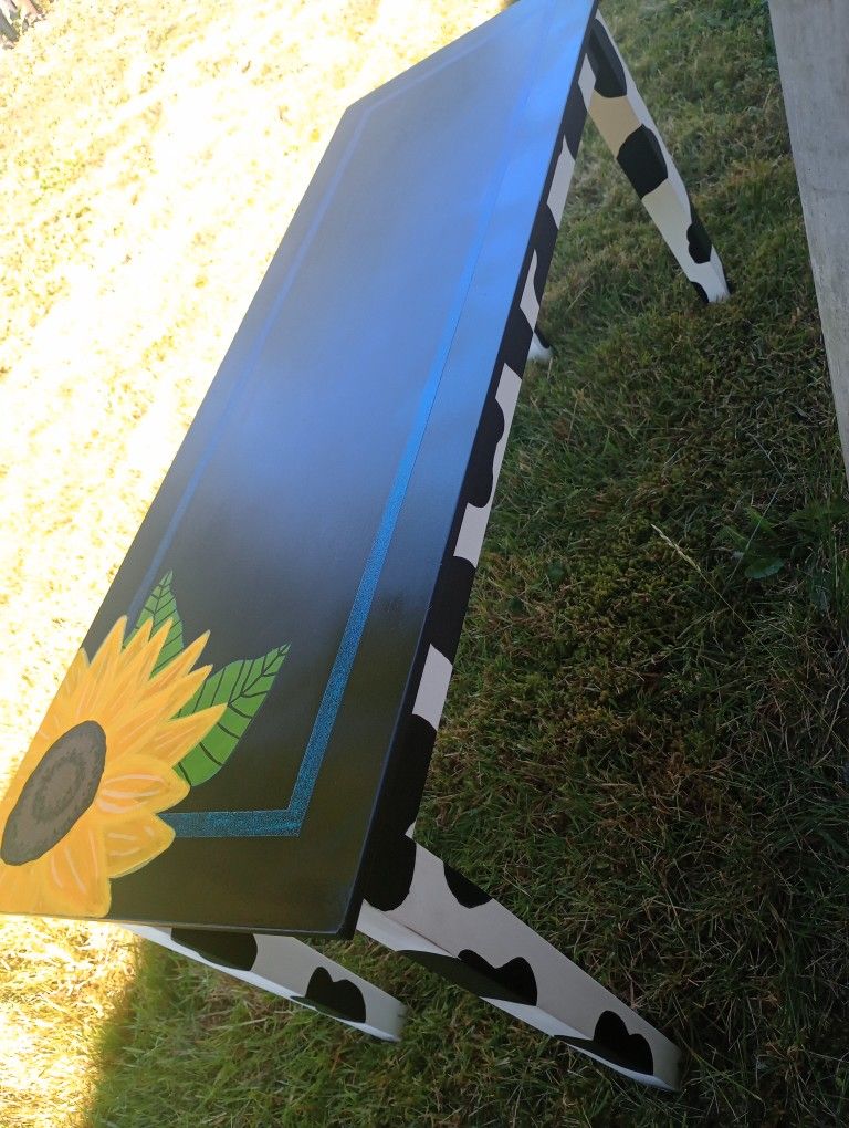 Hand Painted Cow Print Bench With Glitter Border And Sunflower Design ...