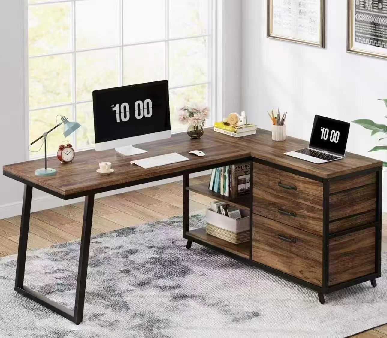 JW0655 53" Reversible L-Shaped Computer Desk With 3 Drawers & Shelves ...