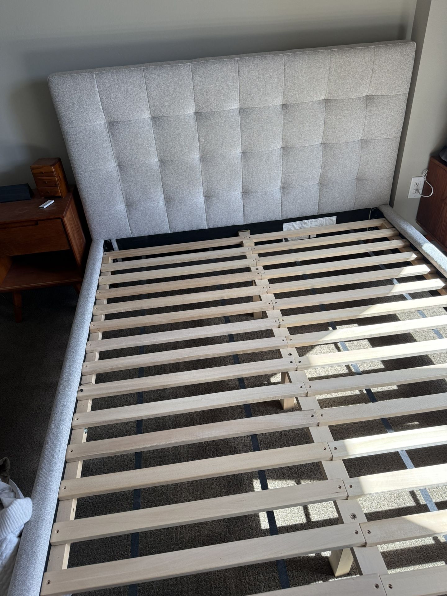 West Elm Emmett Queen Bed - Grid Tufted Gray (Walnut Legs) for Sale in ...