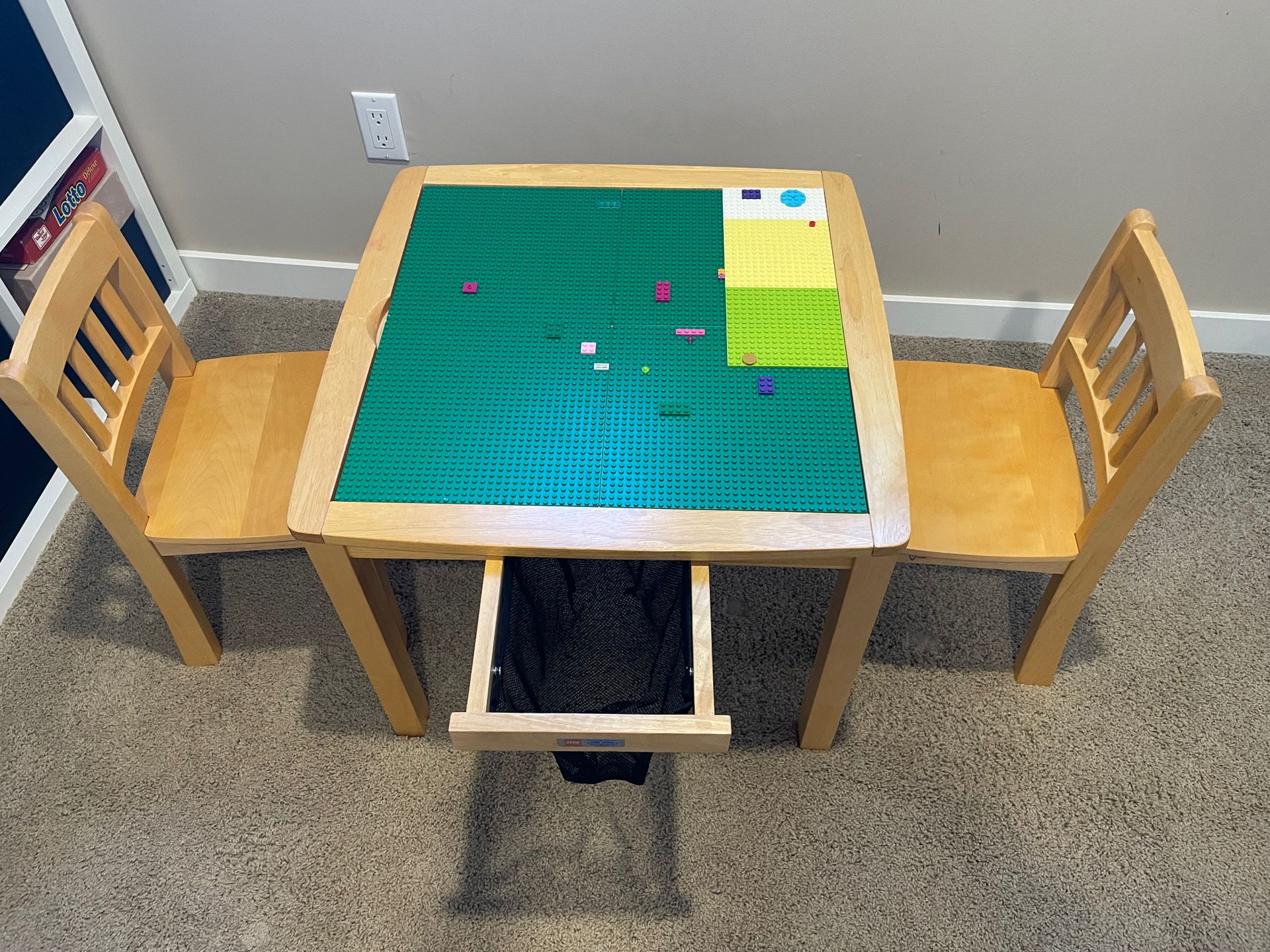 Lego (reversible Top) Wooden table Ser With Two Chair for Sale in ...