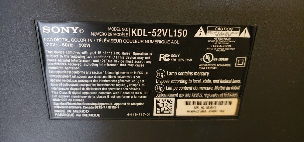 Sony 52" LCD DIGITAL 1080p TV (KDL-52Vl150) for Sale in San Diego, CA ...