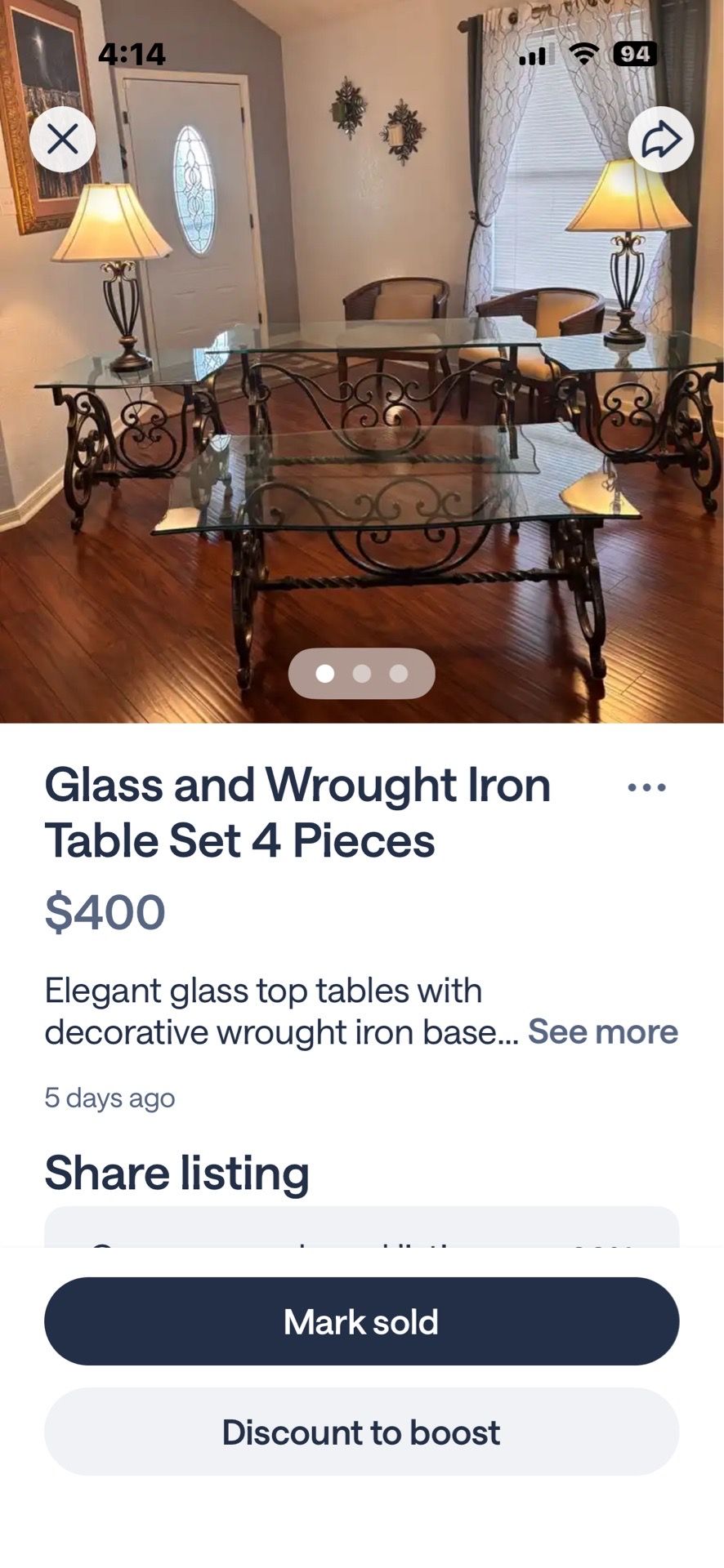 Glass and wrought iron table, set of 4 pieces for Sale in Universal ...