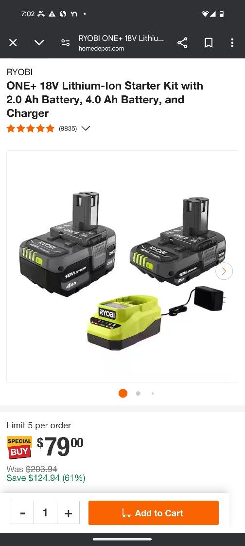 NIB RYOBI ONE+ 18V Lithium-Ion Starter Kit with 2.0 Ah Battery, 4.0 Ah ...