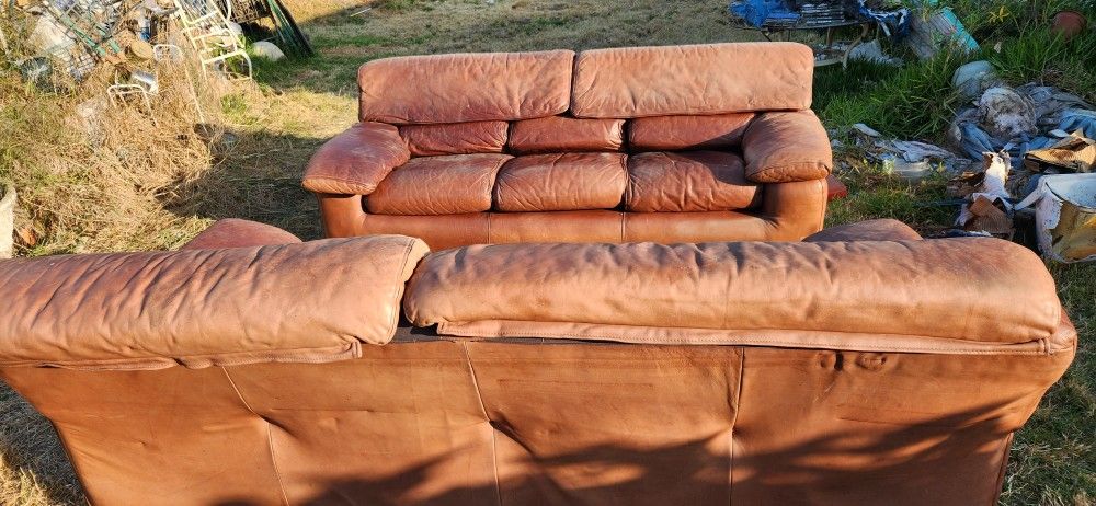 The Leather Factory Pair Of 8ft Brown Leather Couches Made In U.S.A for ...