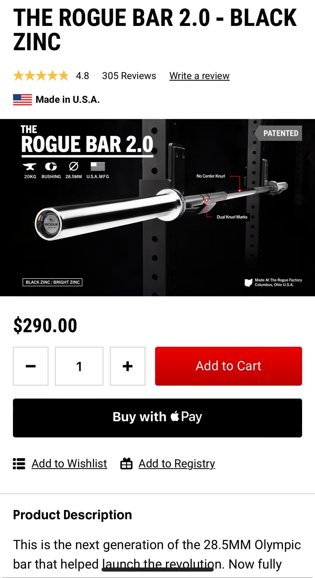 Rogue Bar 2.0 Barbell Black Zinc for Sale in Riverside, CA - OfferUp