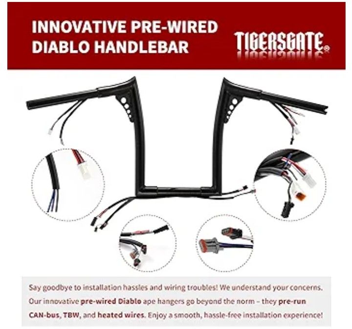 TIGERSGATE PRE-WIRED 12" Rise Diablo Ape Hangers 1 1/4" Fat Softail ...