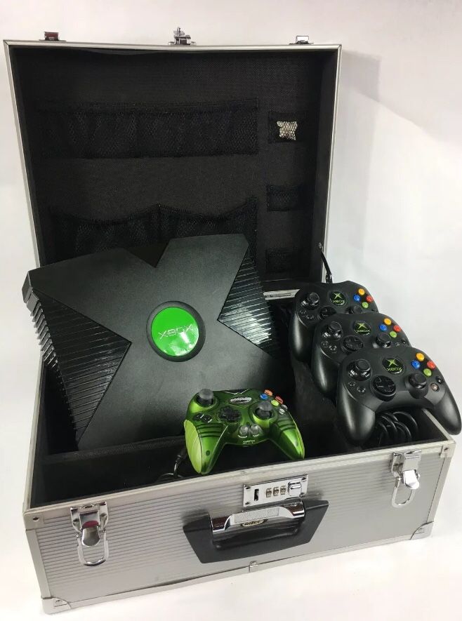 Original XBox System Bundle with Intec Case, Four Controllers & Cables ...