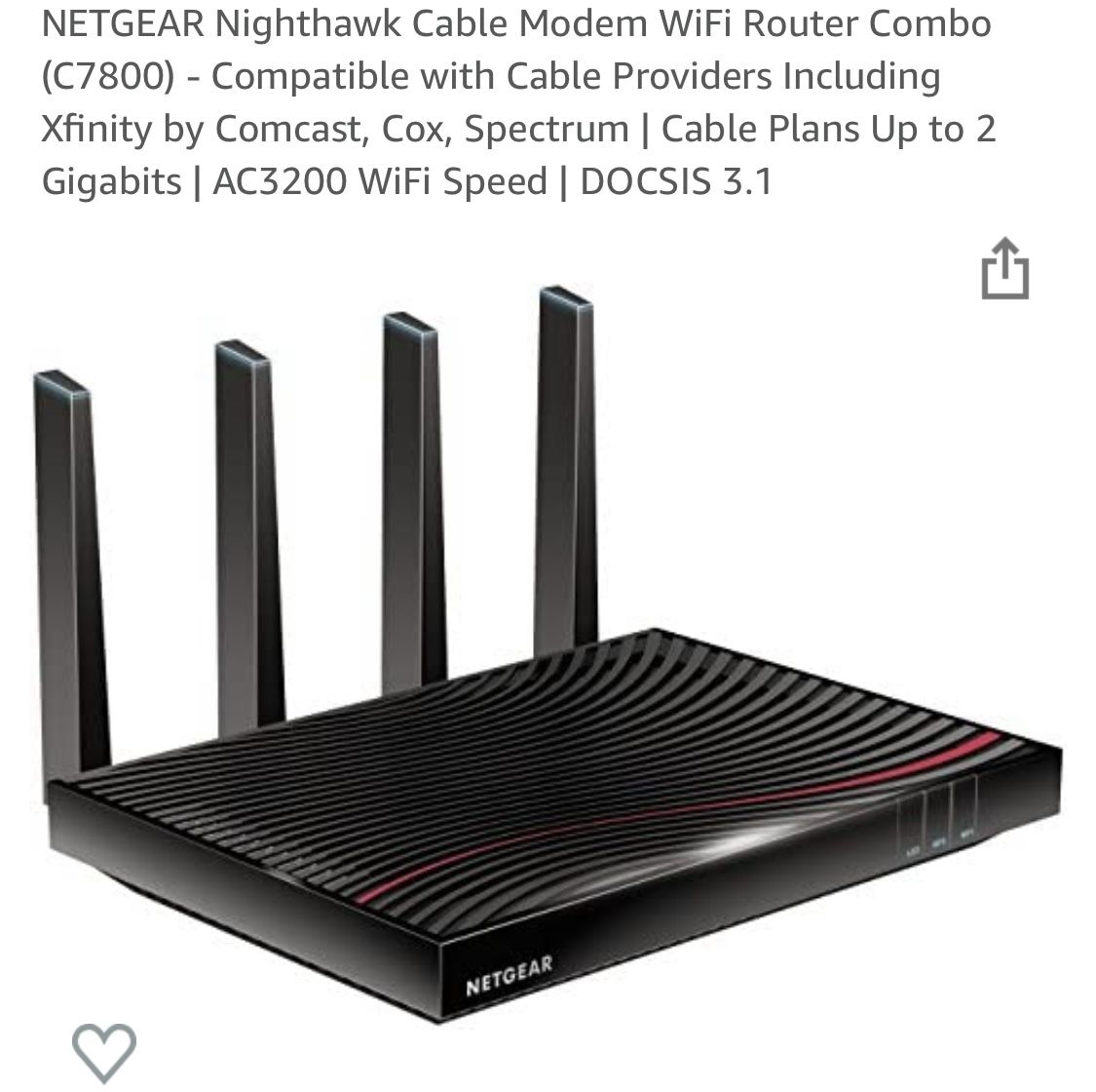 NETGEAR Nighthawk Cable Modem WiFi Router Combo (C7800) for Sale in New ...