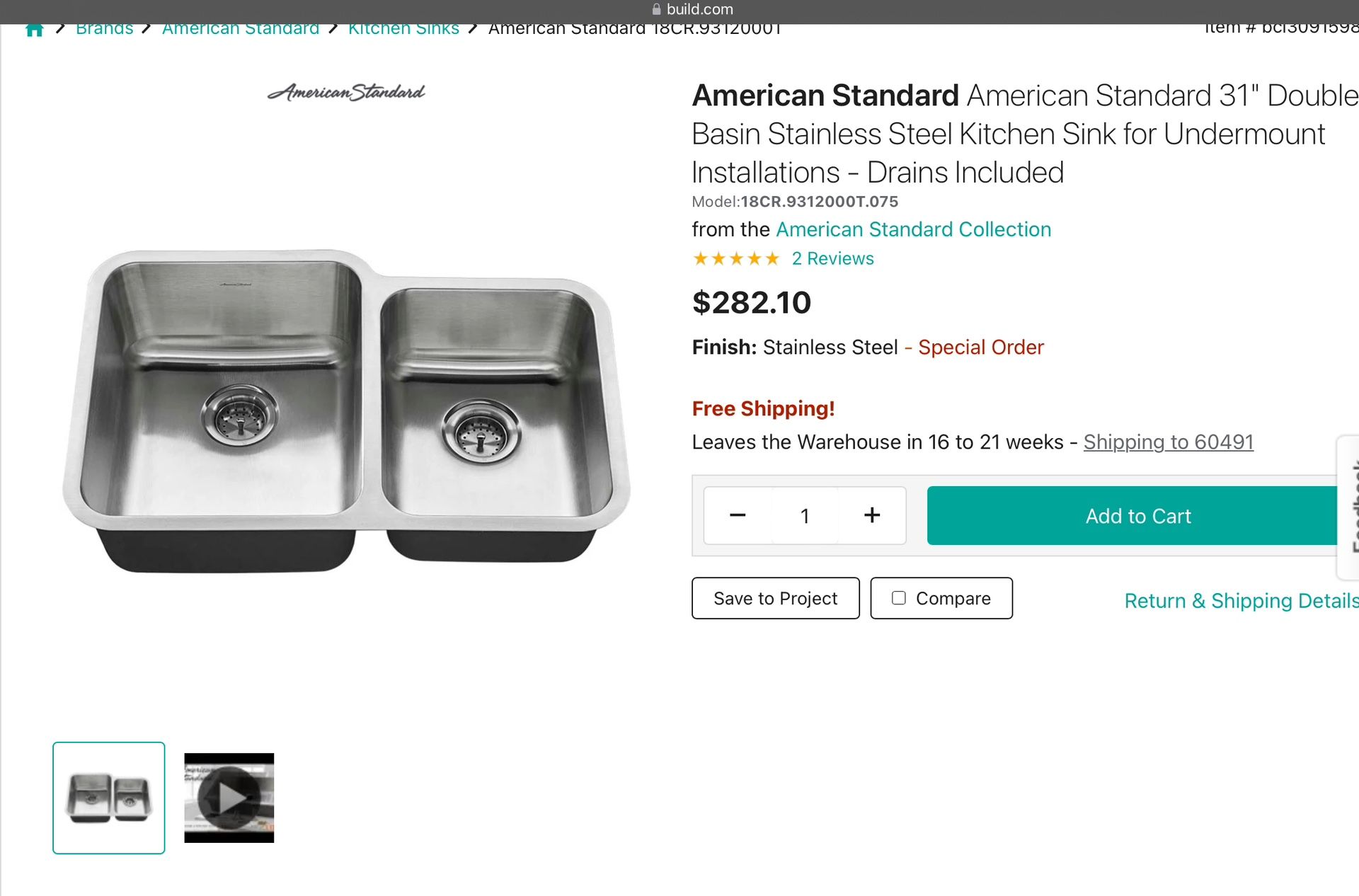 American Standard American Standard 31" Double Basin Stainless Steel ...